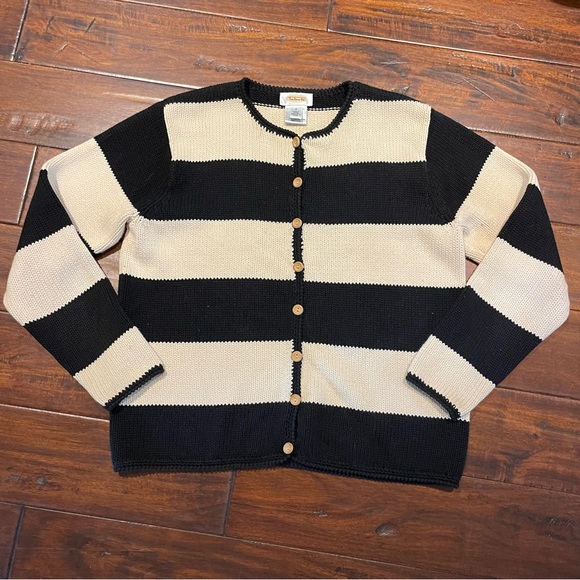 Talbots | Sweaters | Talbots Black And Cream Striped Cotton Cardigan S ...